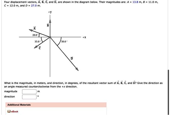 Four displacement vectors, A⃗, B⃗, C⃗, and D⃗, are shown in...