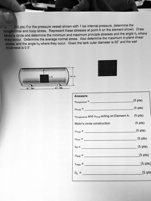 (50 pts) For the pressure vessel shown with 1 ksi internal pressure ...