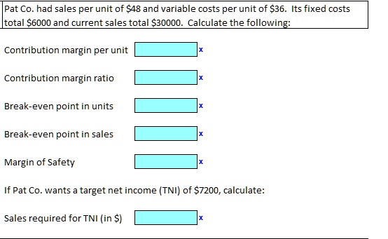 Pat Co. had sales per unit of 48 and variable costs per unit of36. Its ...
