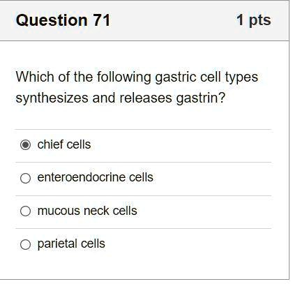 SOLVED: Question 71 1 pts Which of the following gastric cell types synthesizes and releases ...