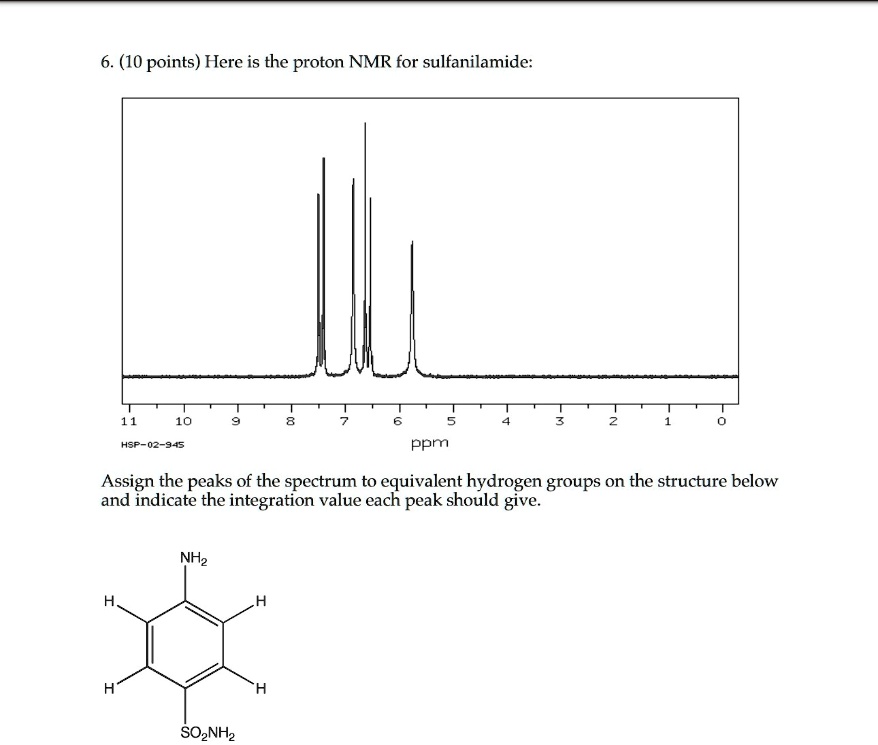 6. (10 points) Here is the proton NMR for sulfanilamide: 02-945 ppm Assign the peaks of the ...