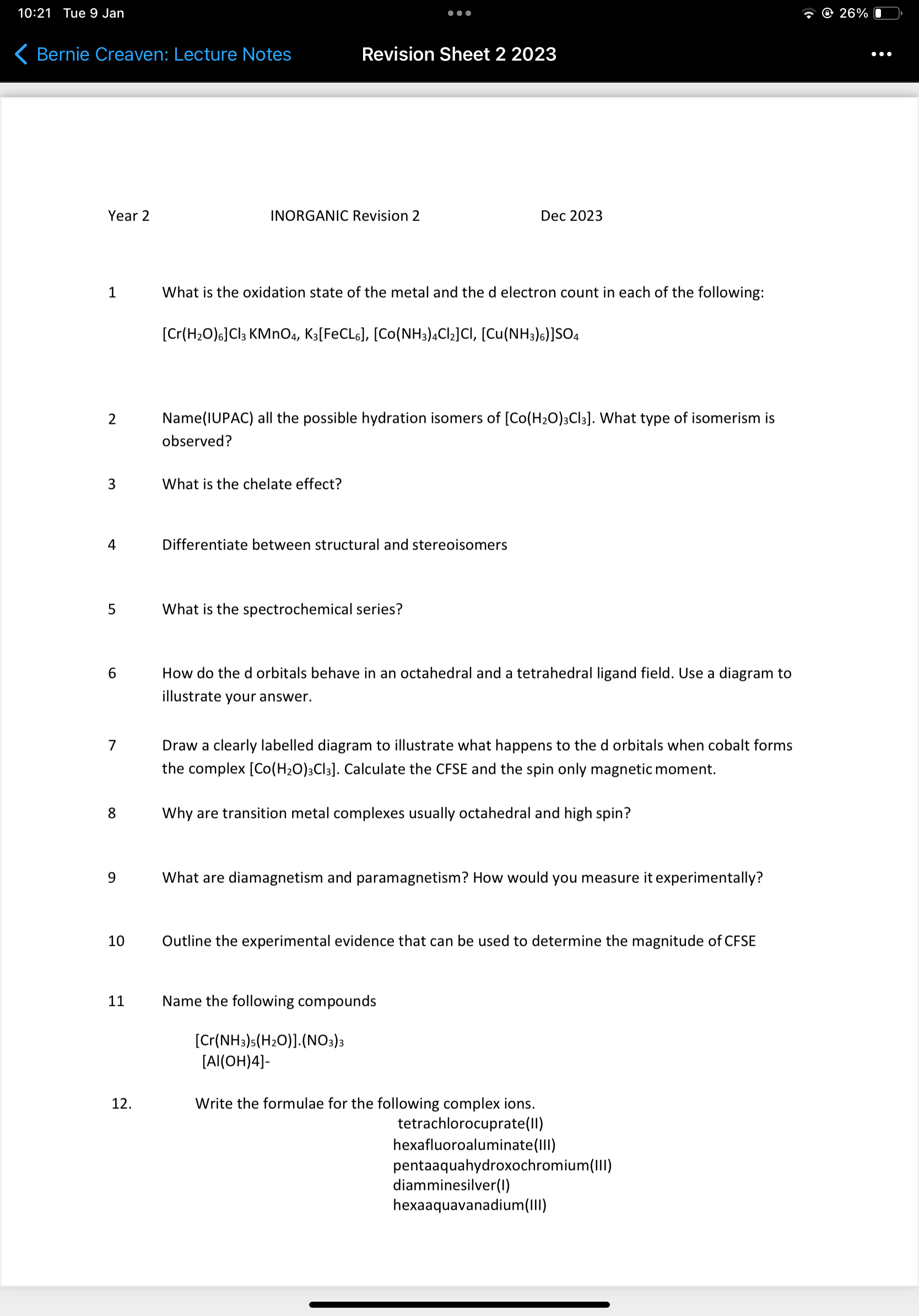 10:21 Tue 9 Jan 26 % Bernie Creaven: Lecture Notes Revision Sheet 22023 ...