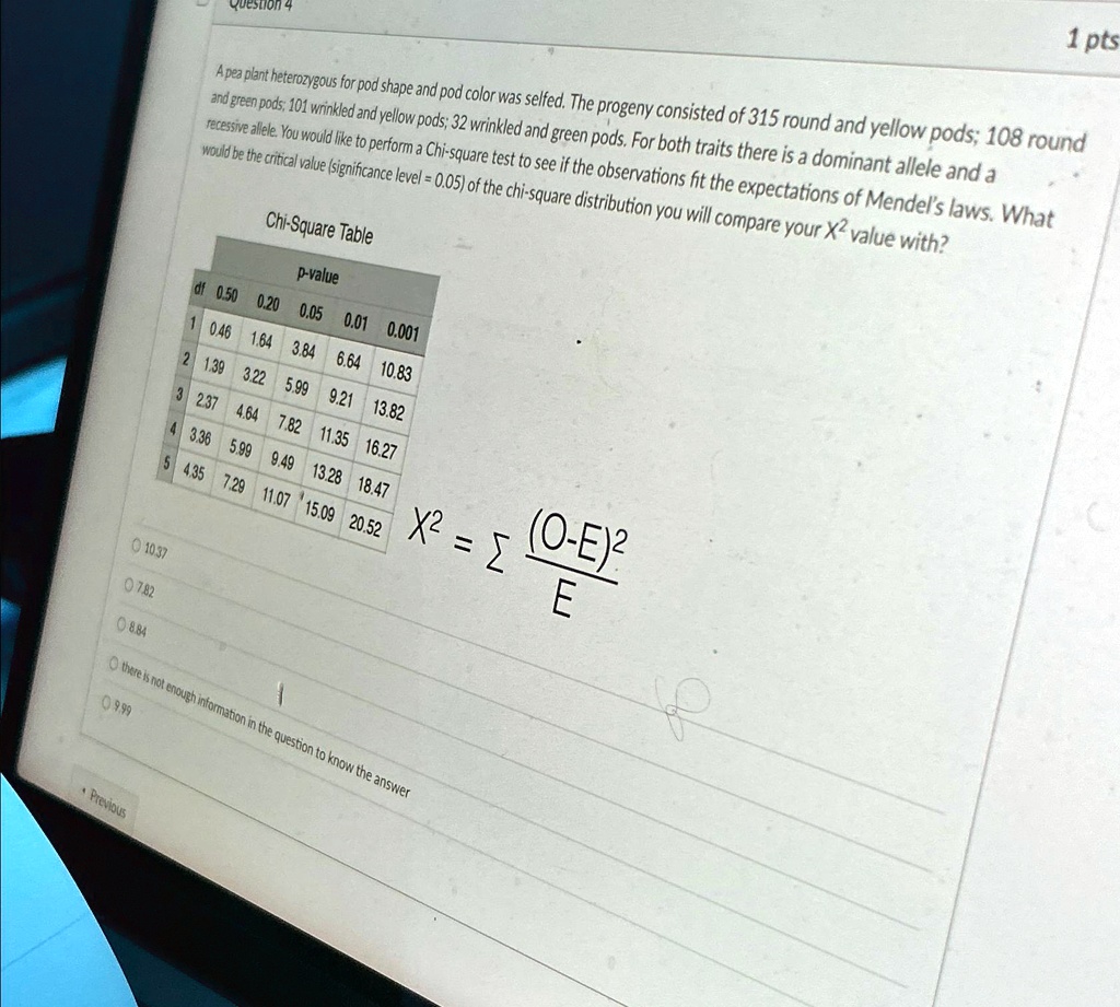 1 pts Questio A pea plant heterozygous for pod shape and pod color was ...