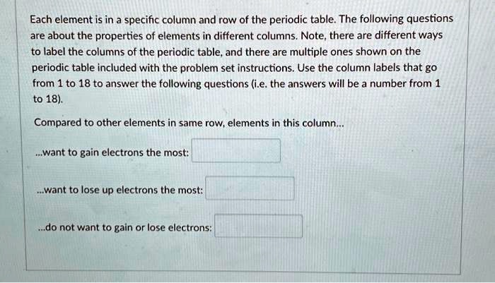 SOLVED: Each element is in a specific column and row of the periodic ...