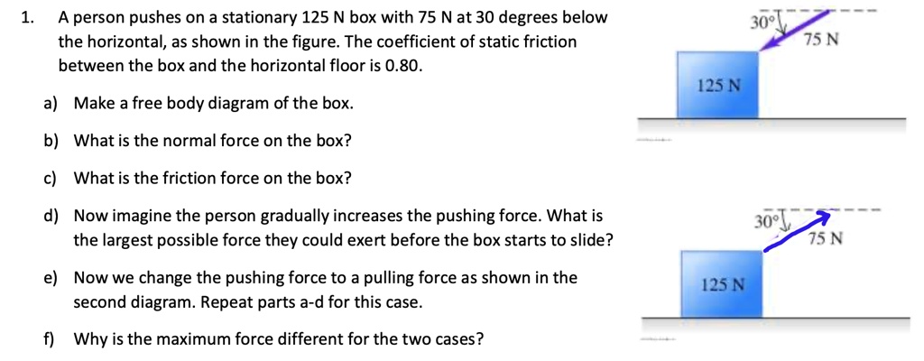 a person pushes on a stationary 125 n box with 75 nat 30 degrees below the horizontal as shown ...