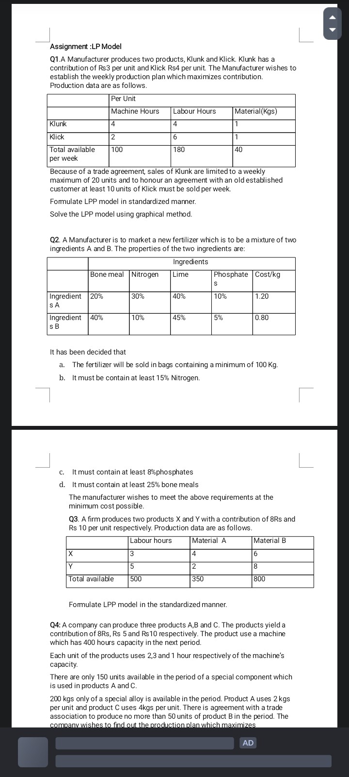 Assignment :LP Model Q1.A Manufacturer produces two products, Klunk and Klick. Klunk has a ...