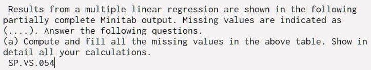 SOLVED: Results from multiple linear regression are shown in the following partially complete ...