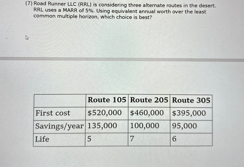 7 road runner llc rrl is considering three alternate routes in the ...