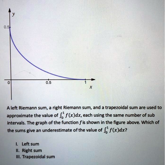 SOLVED: 0.5 A left Riemann sum, a right Riemann sum, and a trapezoidal sum are used to ...
