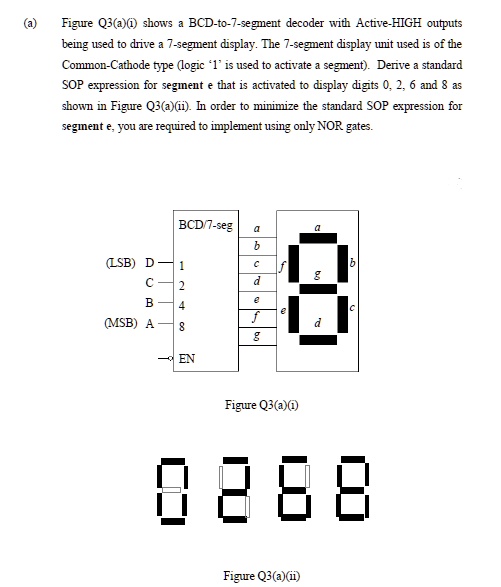 Figure Q3(a)(i) shows a BCD-to-7-segment decoder with Active-HIGH ...