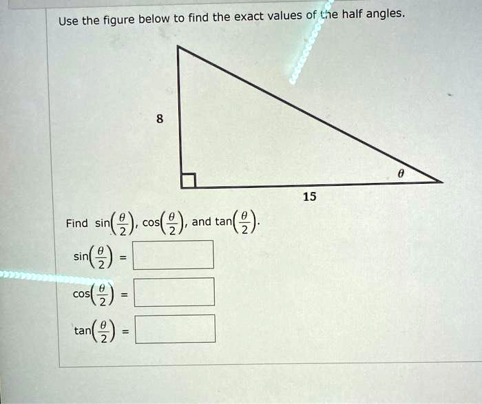 Use the figure below to find the exact values of the half angles: 15 Find sin( 2 ) cos( 2) and ...