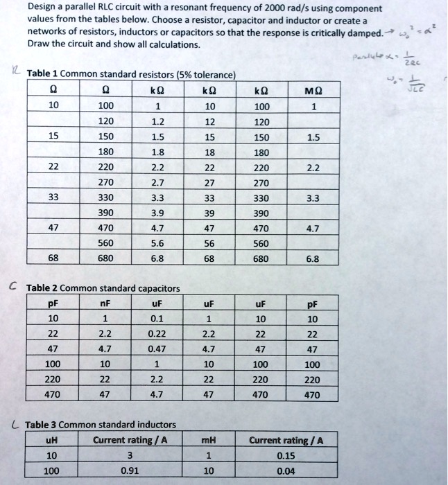 SOLVED: Design a parallel RLC circuit with a resonant frequency of 2000 rad/s using component ...