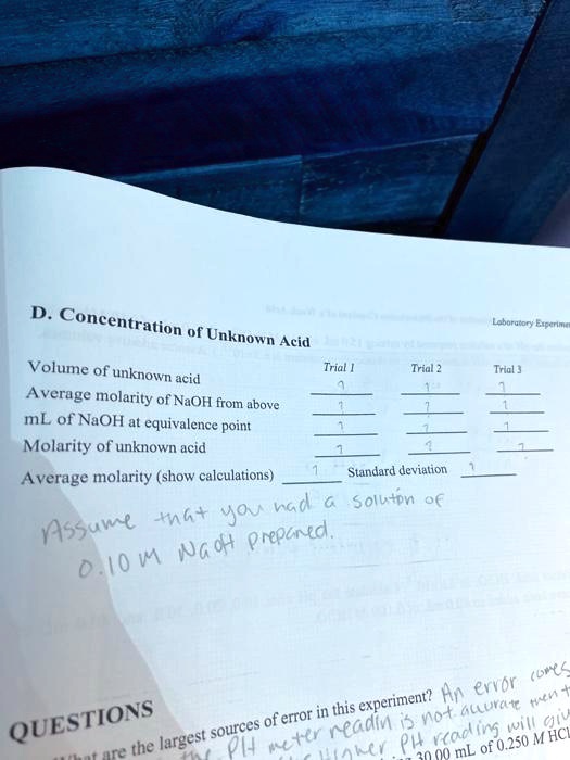 d concentration unknown acid volume unknown trial trial acid average molarity of naoh from above ...