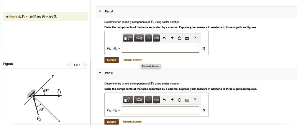 in figure 1 f1 180 n and f2 150 n determine the x and y components of f1 using scalar notation ...