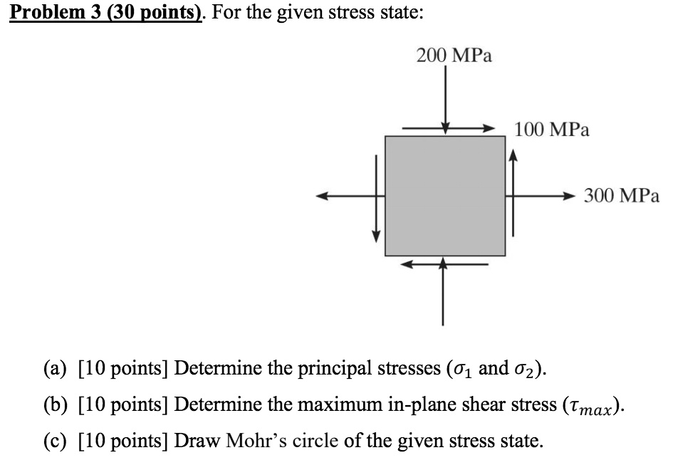 SOLVED: Problem 3 (30 points). For the given stress state: 200 MPa 100 ... SOLVED: Problem 3 (30 points). For the given stress state: 200 MPa 100 ...