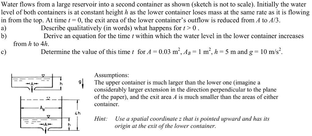 Water flows from a large reservoir into a second container as shown ...