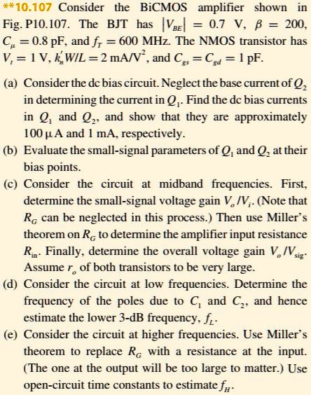 10107 consider thebicmosamplifier shown in figp10107thebjthasvf07v200 ...