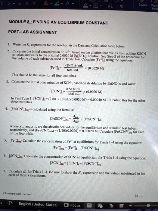 SOLVED:"Style Finf MODULE 8 ; FINDING AN EQUILIBRIUM CONSTANT POST-LAB ...