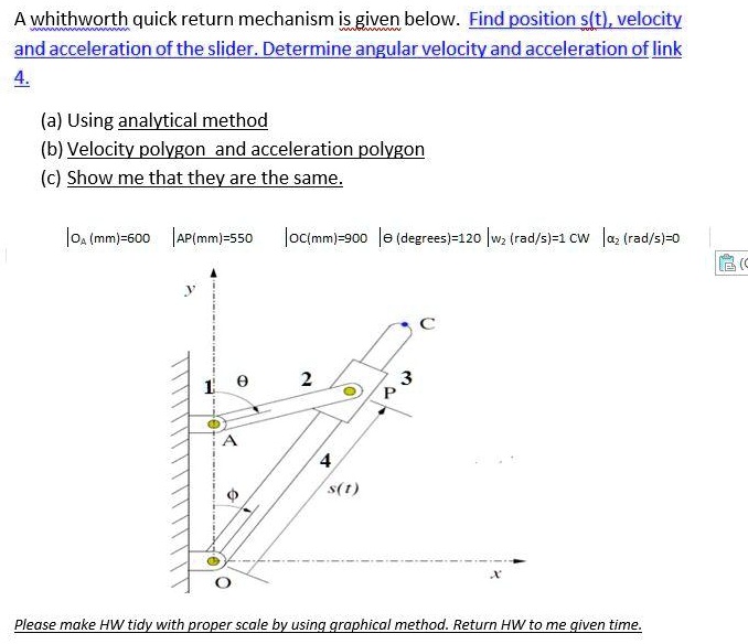 SOLVED: A whithworth quick return mechanism is given below.Find position s(t),velocity and ...