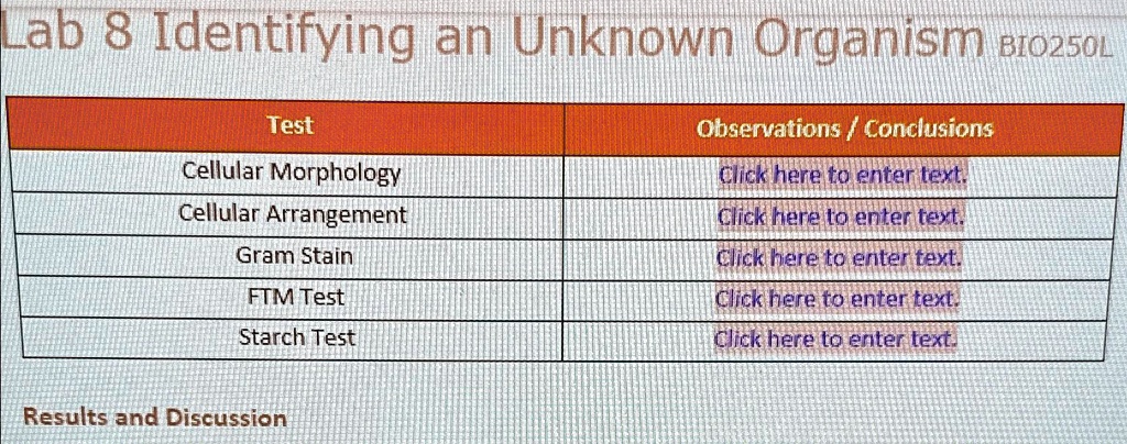 Lab 8 Identifying an Unknown Organism BIO250L Test Observations ...