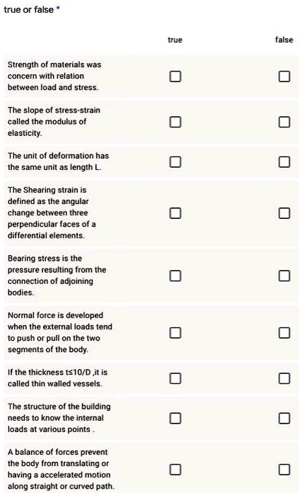 SOLVED: true or false* true false Strength of materials was concern ...