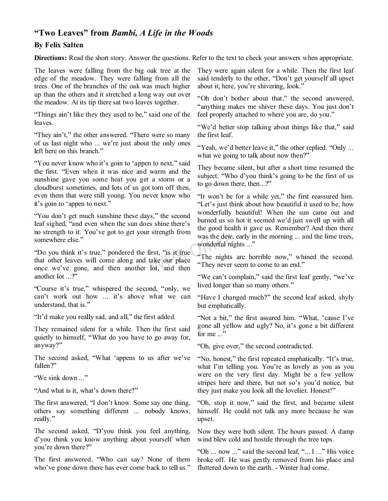 "Two Leaves" from Bambi, A Life in the Woods By Felix Salten Directions ...