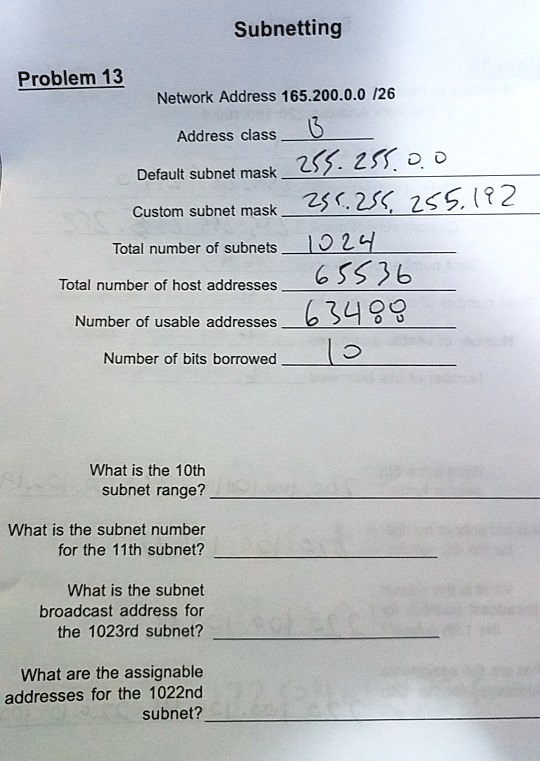 SOLVED: Subnetting Problem 13 Network Address: 165.200.0.0 Address class: Class B Default subnet ...