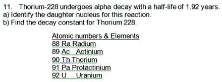SOLVED: Thorium-228 undergoes alpha decay with a half-life of 92 years ...