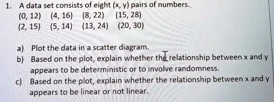 1. A data set consists of eight (x, y) pairs of numbers. (0, 12) (4, 16) (8, 22) (15, 28) (2, 15 ...