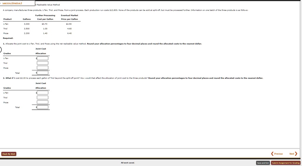 SOLVED: Texts: Allocating Joint Costs Using the Net Realizable Value ...
