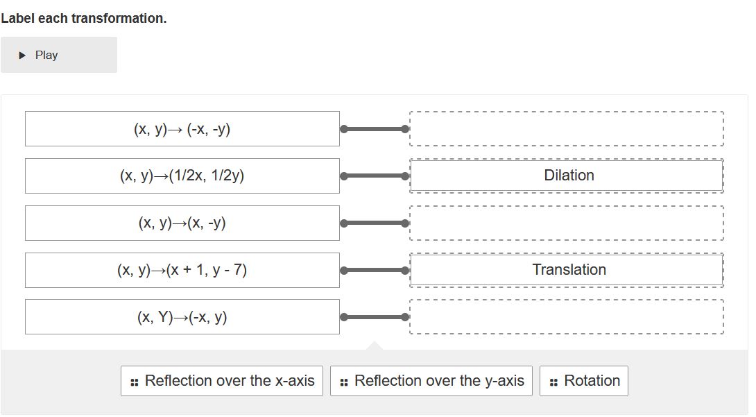 Label each transformation. Play (x, y) →(-x,-y) Dilation (x, y) →(1 / 2 ...