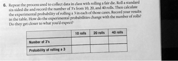 SOLVED: Roll a standard six-sided die. Repeat the process used to ...