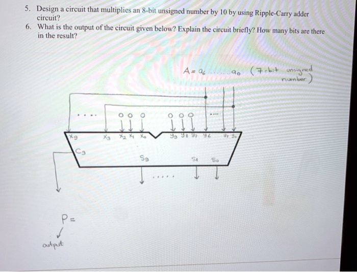 5. Design a circuit that multiplies an 8-bit unsigned number by 10 by using Ripple-Carry adder ...