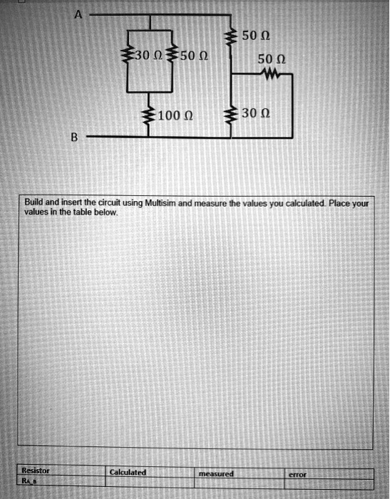 SOLVED: A 50 30500 50 AW 100 30 B Build and insert the circuit using Multisim and measure the ...