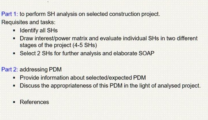 Part 1: to perform SH analysis on selected construction project ...