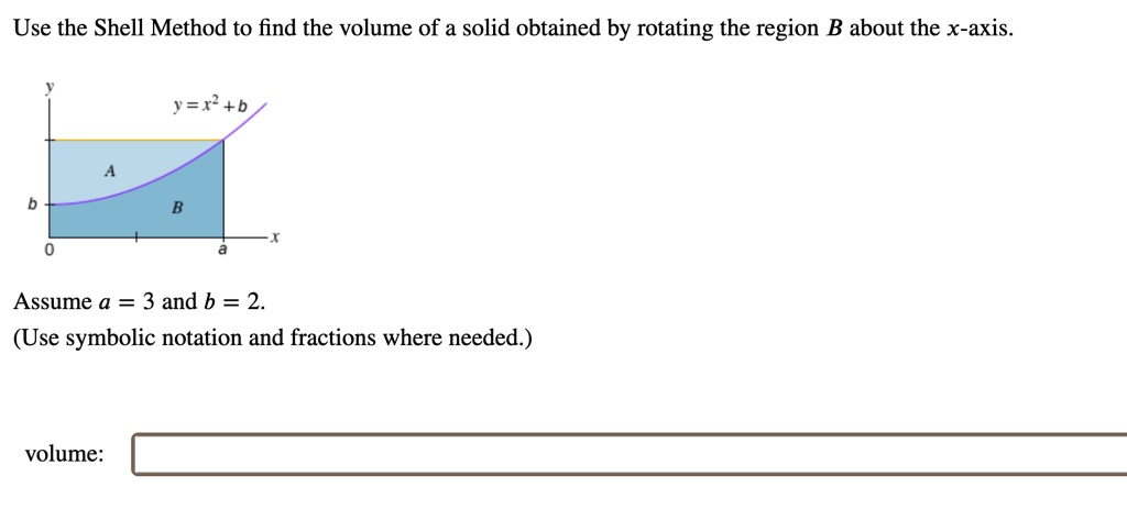 SOLVED: Use the Shell Method to find the volume of a solid obtained by rotating the region B ...