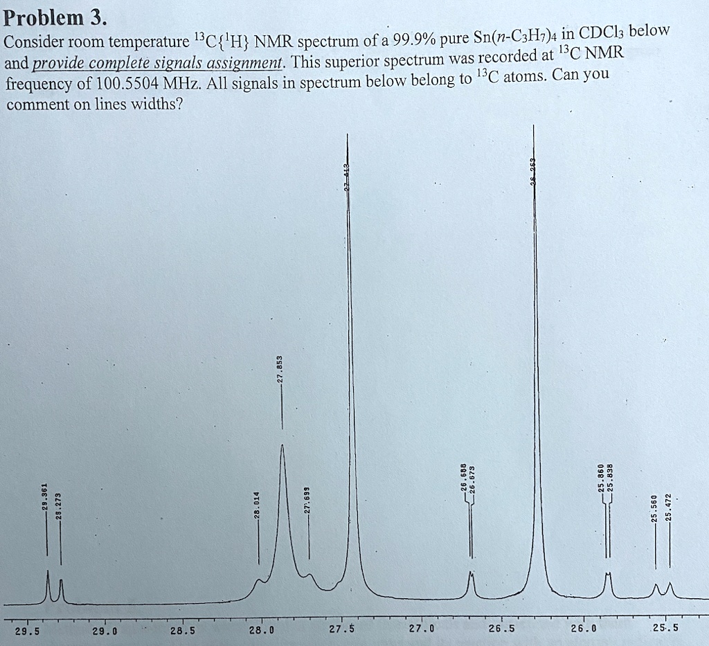 Problem 3. Consider room temperature ^13C{^1H} NMR spectrum of a 99.9% pure Sn(n-C$3$H$7$)$4$ in ...