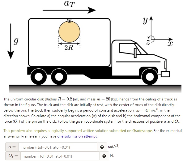 SOLVED: The uniform circular disk (Radius R = 0.2 [m], and mass m = 20 [kg]) hangs from the ...