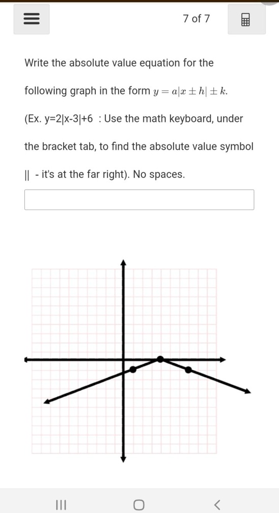 SOLVED:7 of 7 Write the absolute value equation for the following graph ...