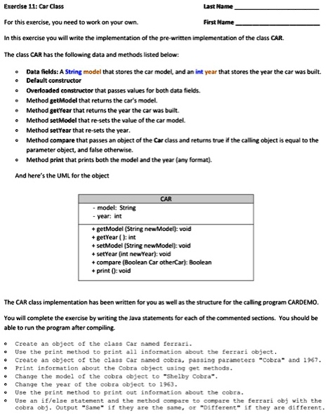 SOLVED: Exercise 11: Car Class For this exercise, you need to work on ...