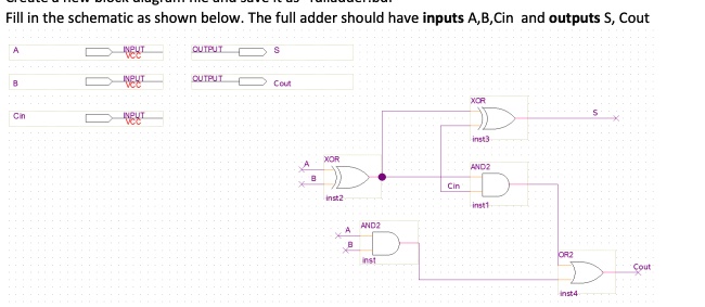 Fill in the schematic as shown below. The full adder should have inputs A, B, Cin and outputs S ...