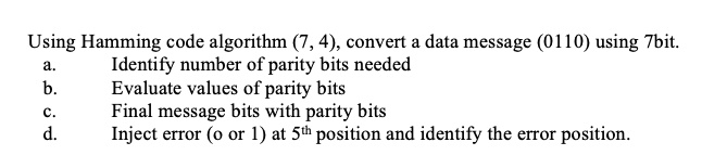 Solved For Computer Architecture Class Using The Hamming Code Algorithm 7 4 Convert A Data 8194