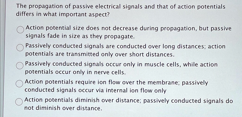 The propagation of passive electrical signals and that of action potentials differs in what ...