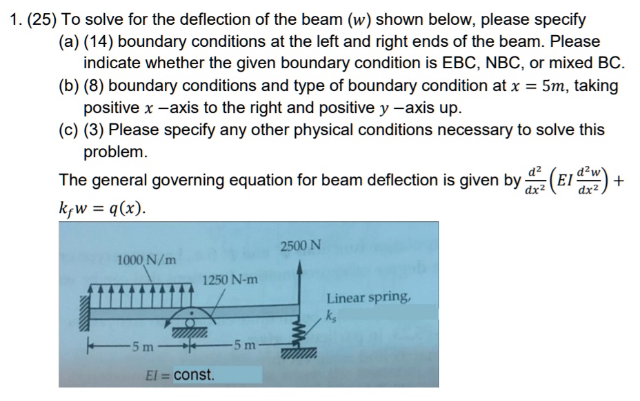 1. (25) To solve for the deflection of the beam (w) shown below, please specify (a) (14 ...