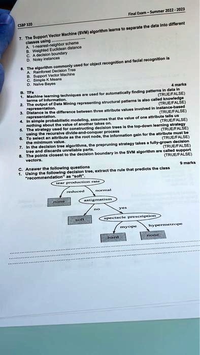 CSBP 320 Final Exam - Summer 2022 - 2023 7. The Support Vector Machine (SVM) algorithm learns to ...