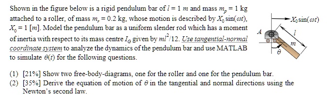 SOLVED: Shown in the figure below is a rigid pendulum bar of l = 1 m and mass m, = 1 kg attached ...