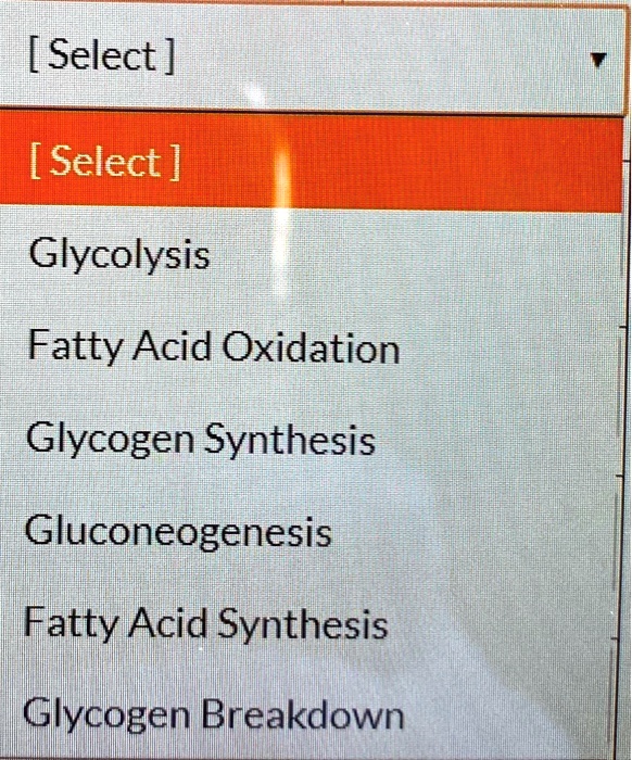 SOLVED: [Select ] [Select ] Glycolysis Fatty Acid Oxidation Glycogen ...