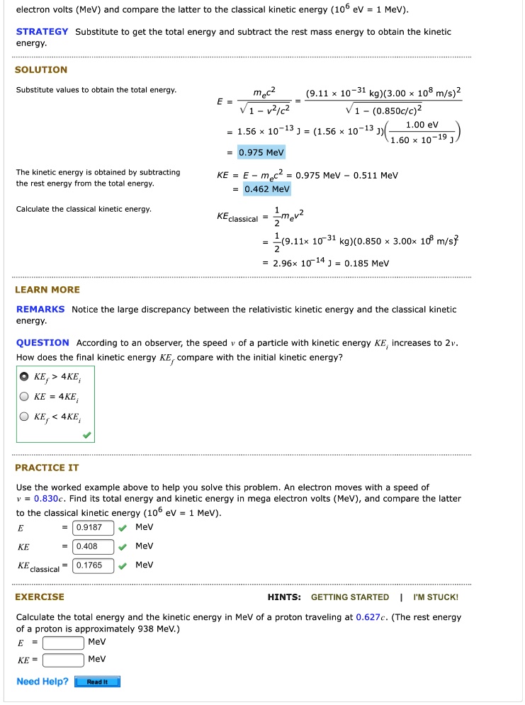electron volts mev and compare the atter to the classical kinetic ...