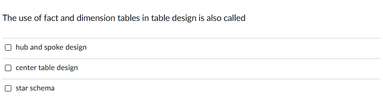 SOLVED: The use of fact and dimension tables in table design is also ...