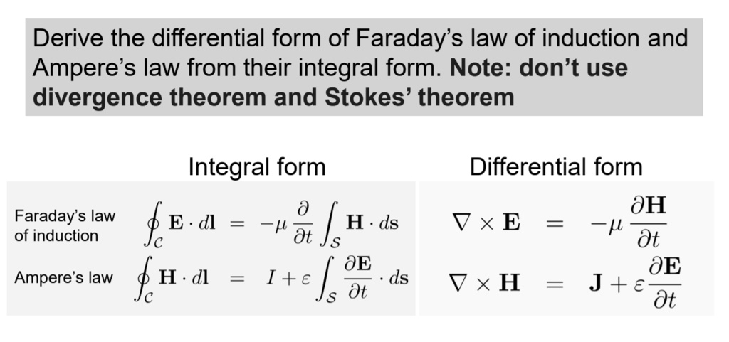 SOLVED: Derive the differential form of Faraday's law of induction and Ampere's law from their ...